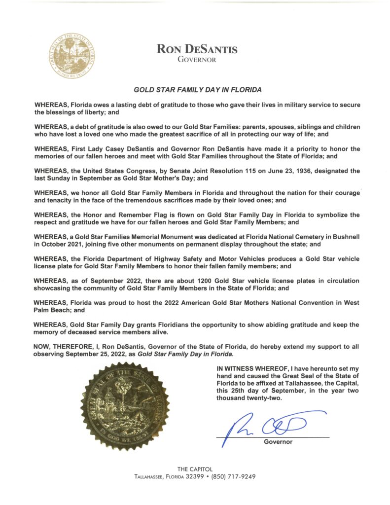 2022 Gold Star Family Day in Florida Proclamation | Florida American Legion